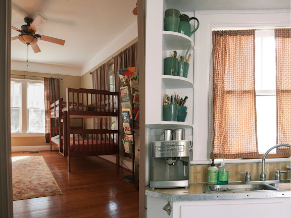 Sweet curtains sewn by Katherine and matching containers of utensils. I ...