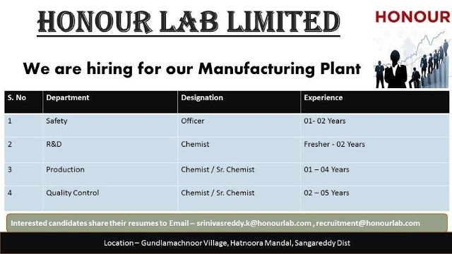 UDYOG ADDA: Honour Lab Limited - Multiple Openings for Freshers & Experienced in Production ...