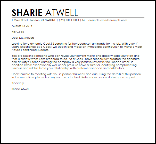 Cook Cover Letter Resume Letter Cook Cover Letter Resume Letter