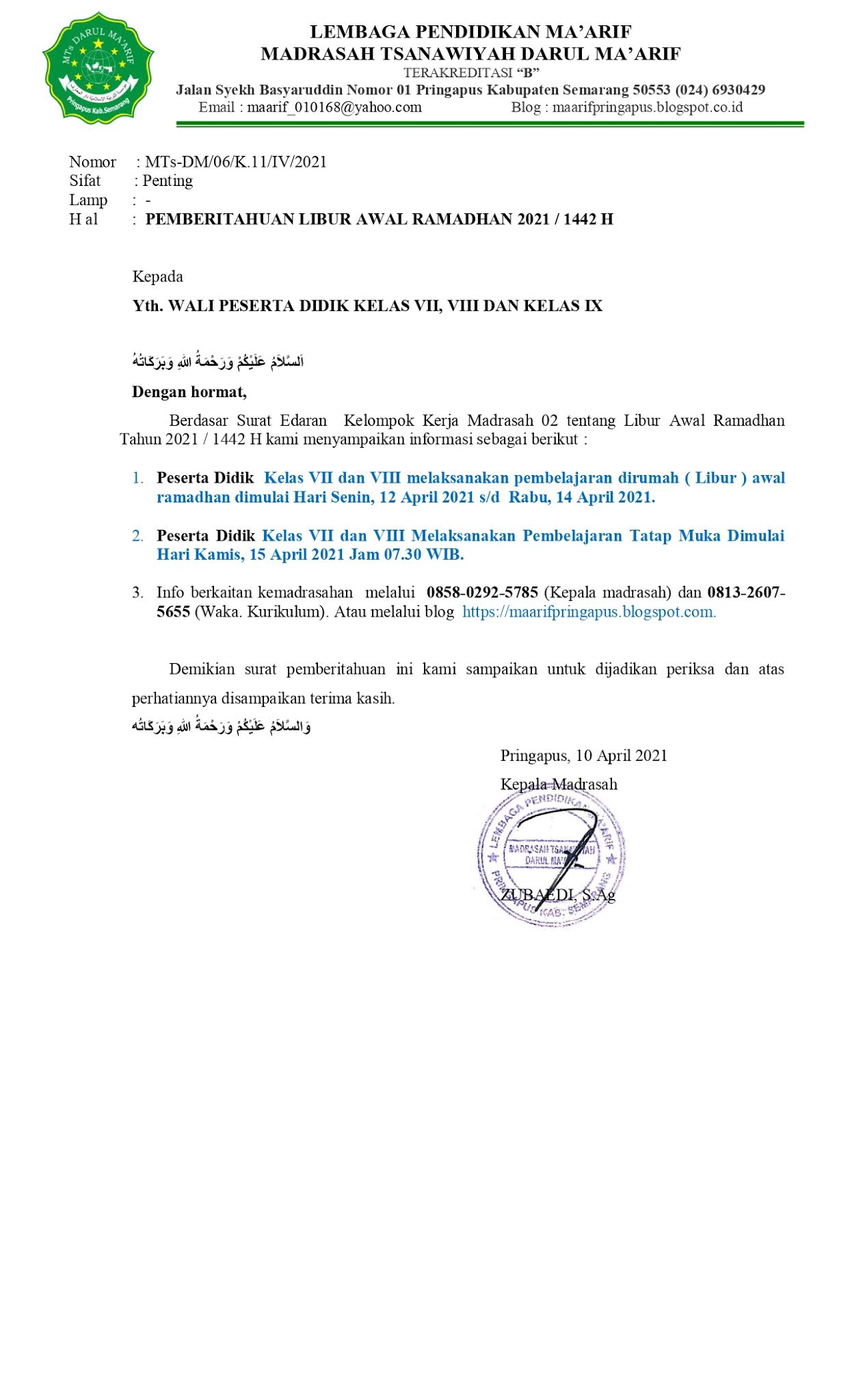 PEMBERITAHUAN LIBUR AWAL RAMADHAN TAHUN 2021 / 1442 H - 10 APRIL 2021