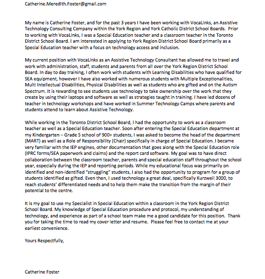 Welcome to Catherine Foster's YRDSB Digital Resume: Resume/Cover Letter