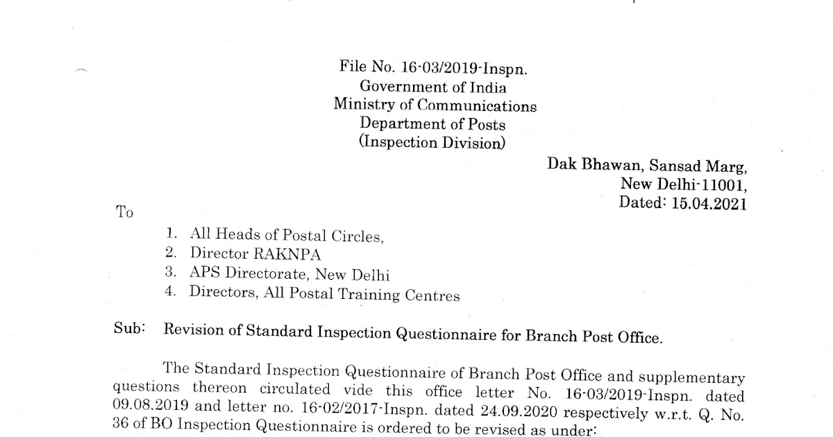 Revision of Standard Inspection Questionnaire for Branch post Office ...