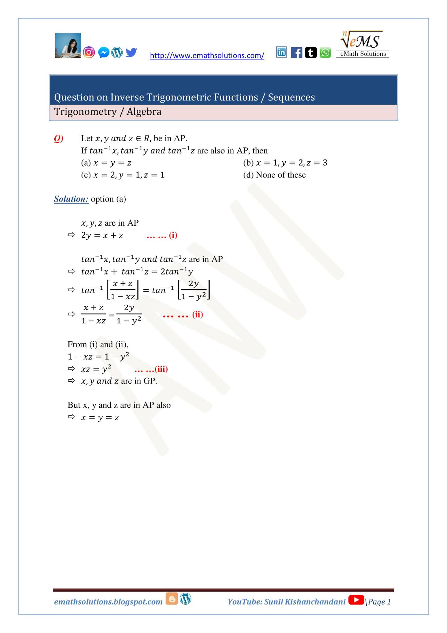 Trigonometry / Algebra: Question on Inverse Trigonometric Functions ...