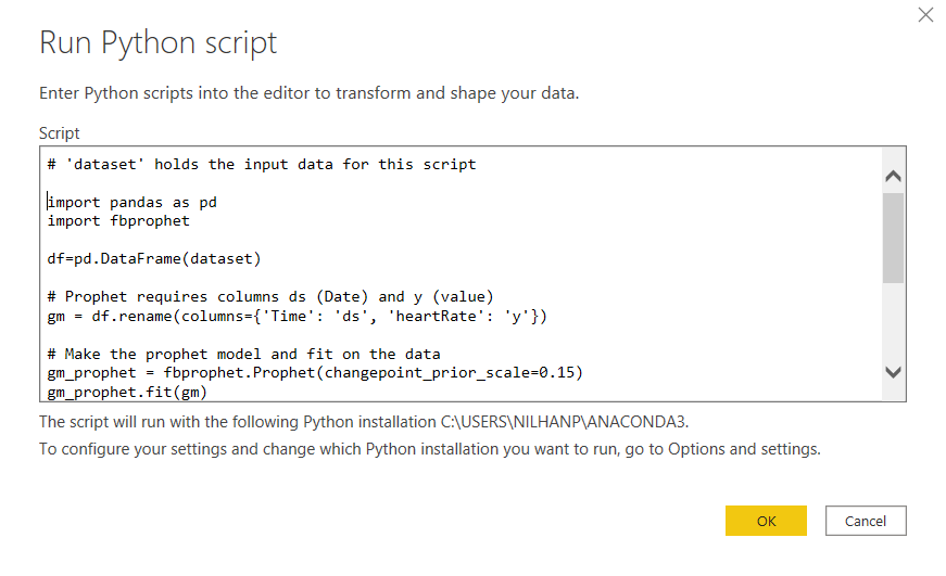 Power BI - Importing fbprophet and using Anaconda as Default Python