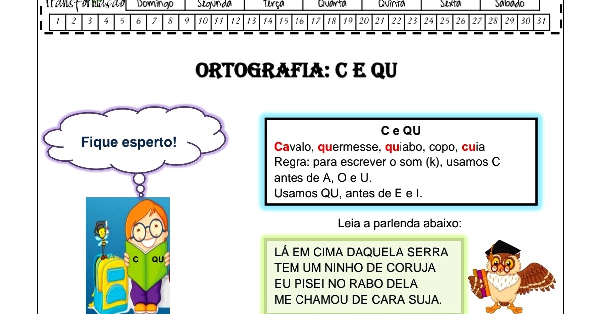 👍Ortografia: escrita das letras C e QU Atividade de língua portuguesa ...