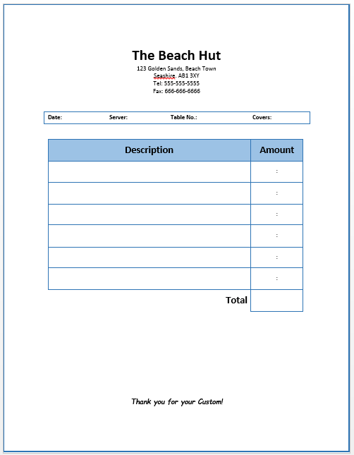 Dinner Bill Format - Invoice Template