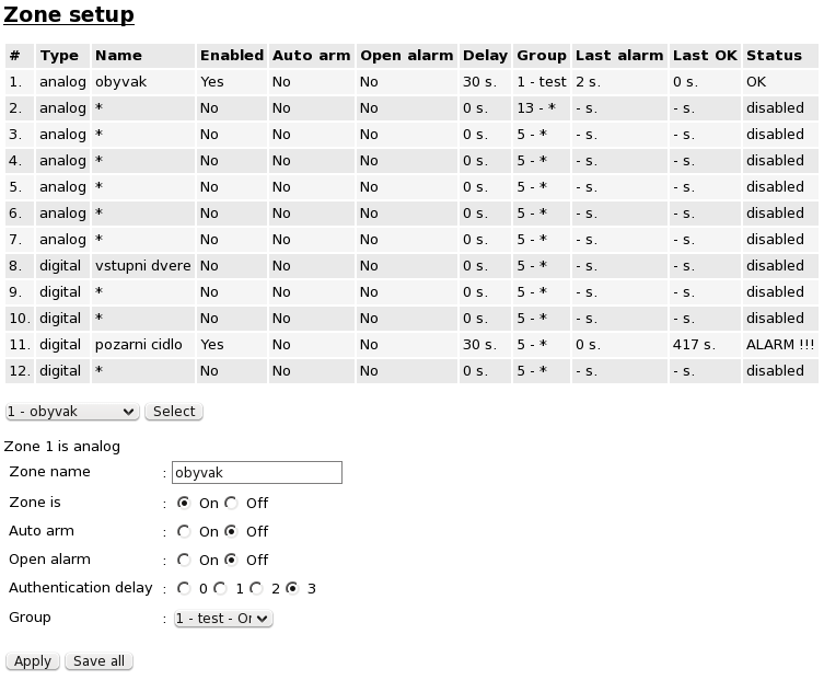 Open home security - your Arduino burglar alarm: Web interface - zones