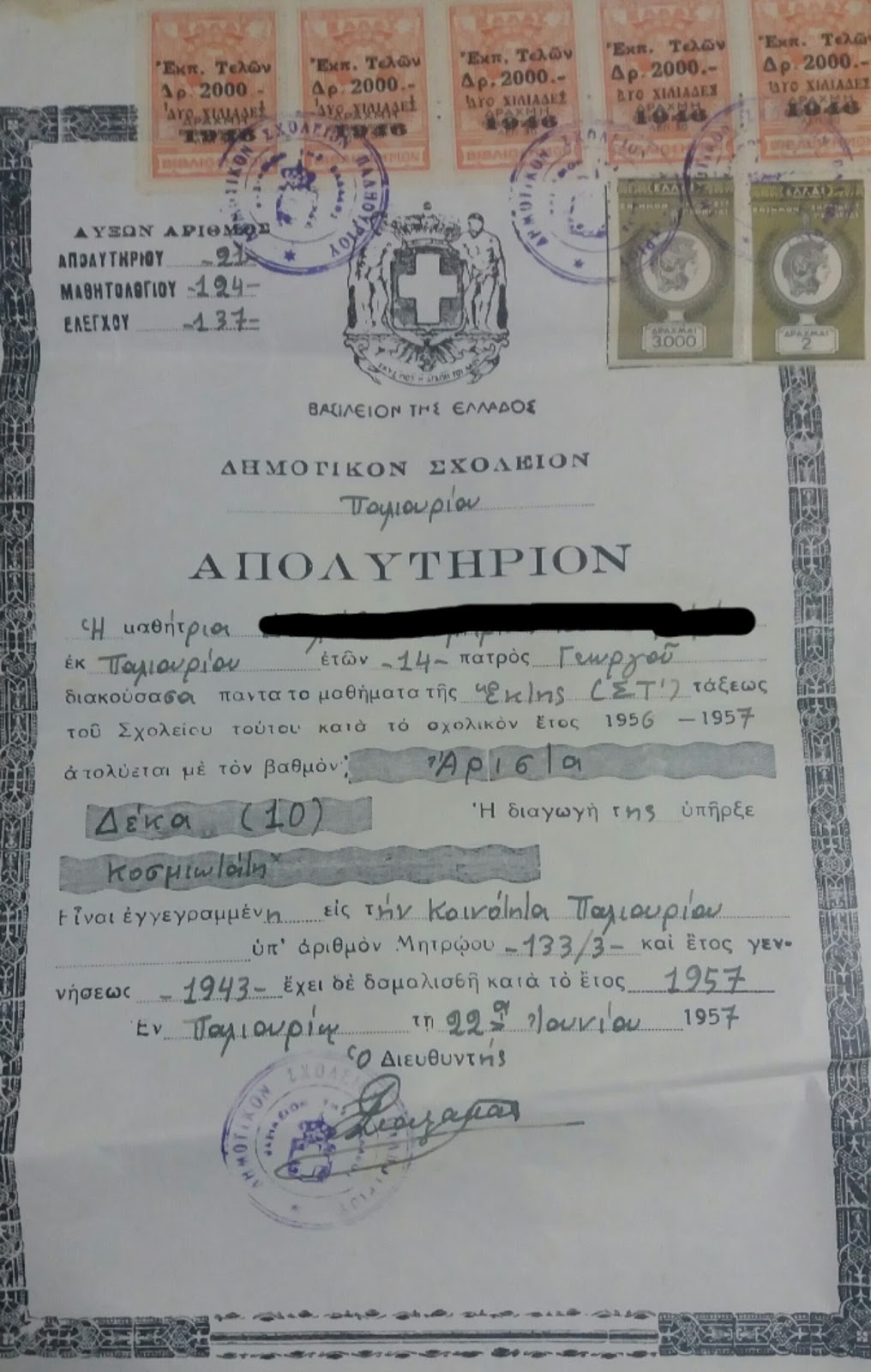 ΠΑΛΙΟΥΡΙ ΕΒΡΟΥ: Απολυτήριο Δημοτικού Σχολείου Παλιουρίου πριν απο 60 χρόνια