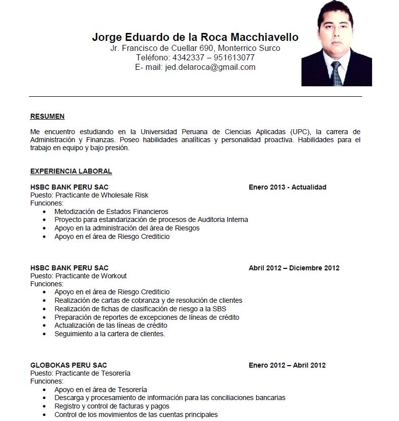 Curriculum Vitae: Curriculum Vitae Sin Experiencia Laboral Peru