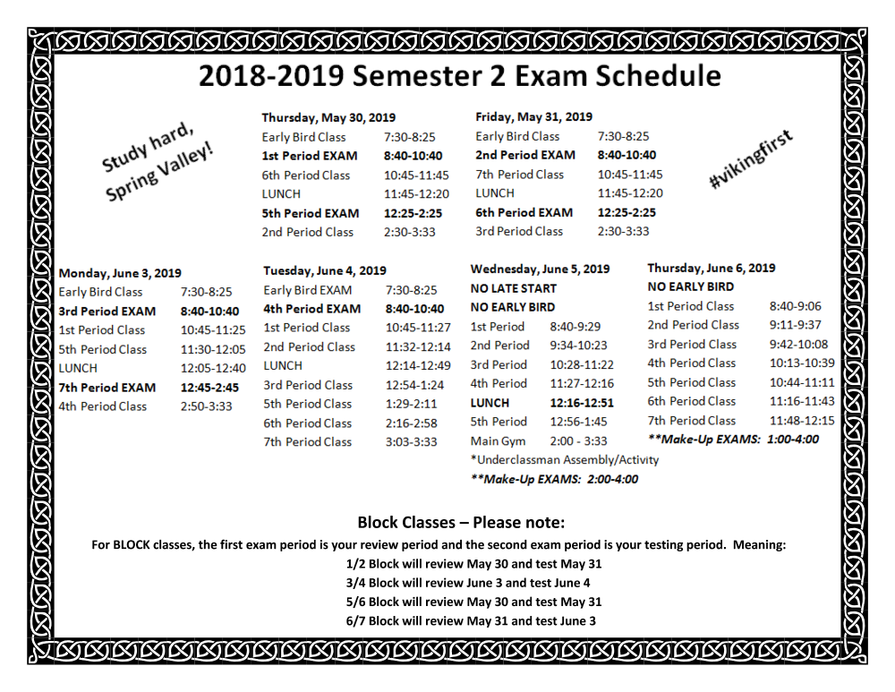 Viking Update: 2018-2019 Semester 2 Exam Schedule