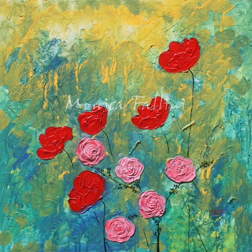 Paintings by Monica Fallini: Red Poppies and pink Roses abstract ...