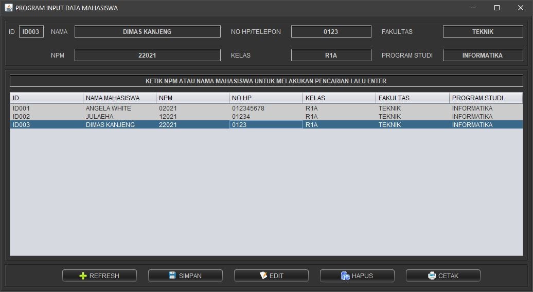 APLIKASI INPUT DATA MAHASISWA JAVA NETBEANS