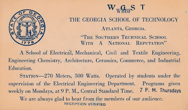 Vintage QSLs from the Golden Days of Radio : WGST Atlanta Georgia - 1925