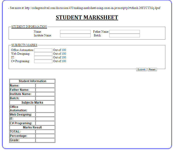 Classcodes Marksheet Codes In Javascript With Html And Css