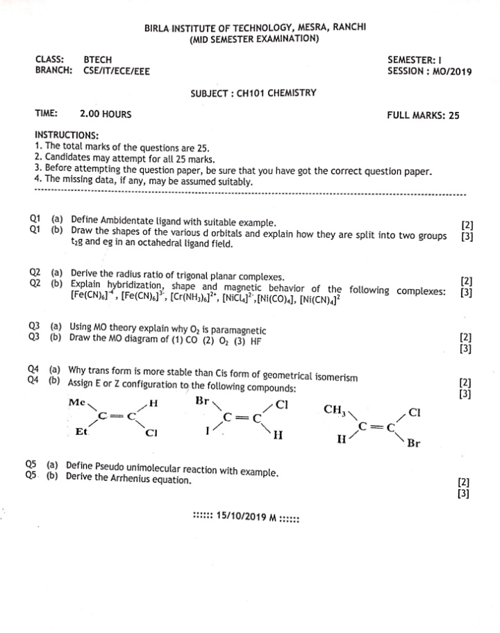 CH101 Chemistry bit mesra BTECH 1st year question paper