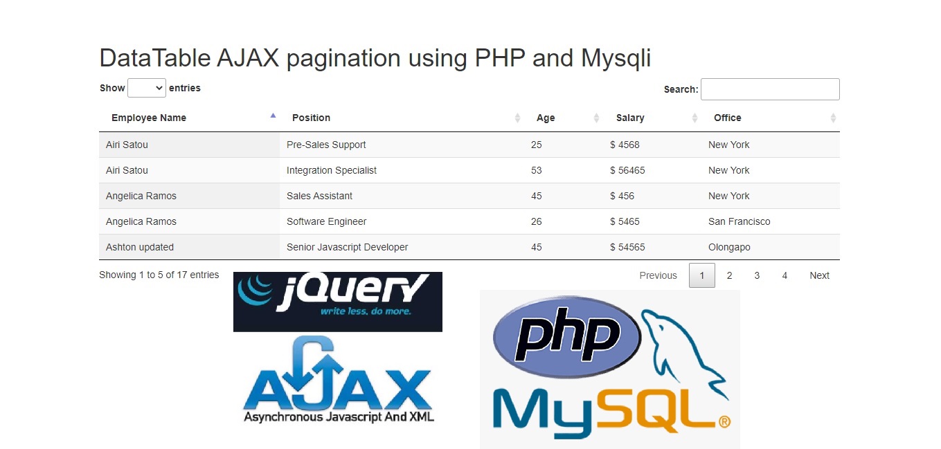 Datatable Ajax Pagination Using Php And Mysqli Tutorial101