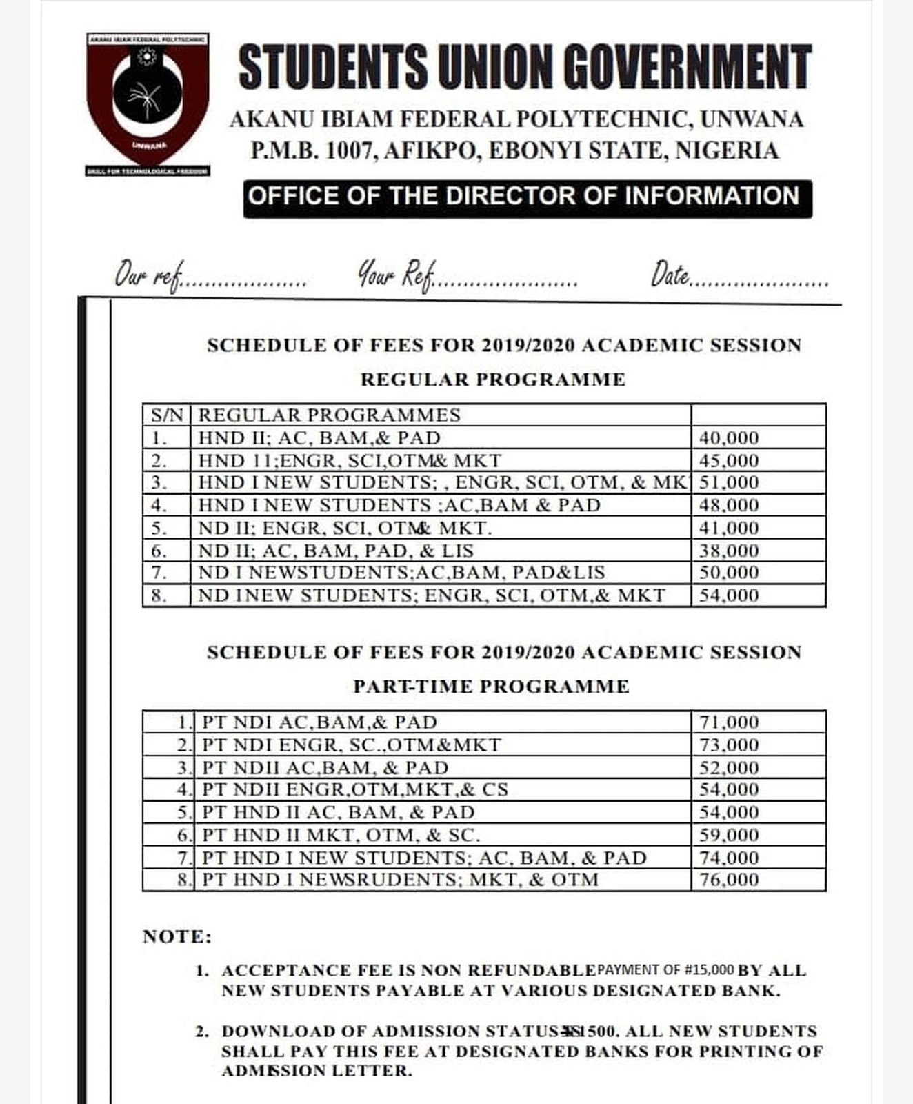 Akanu Ibiam Poly Unwana School Fees Schedule 2019/2020 | ND & HND