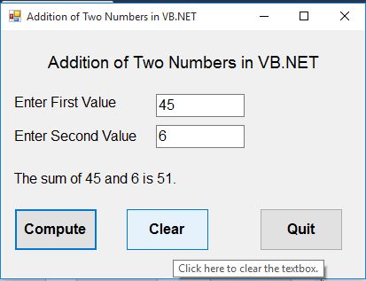 Free Programming Source Codes and Computer Programming Tutorials: Addition of Two Numbers in VB.NET