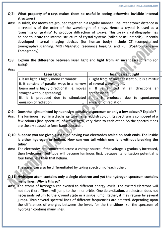 Adamjee Coaching: The Atomic Spectra - Question Answers - Physics XII