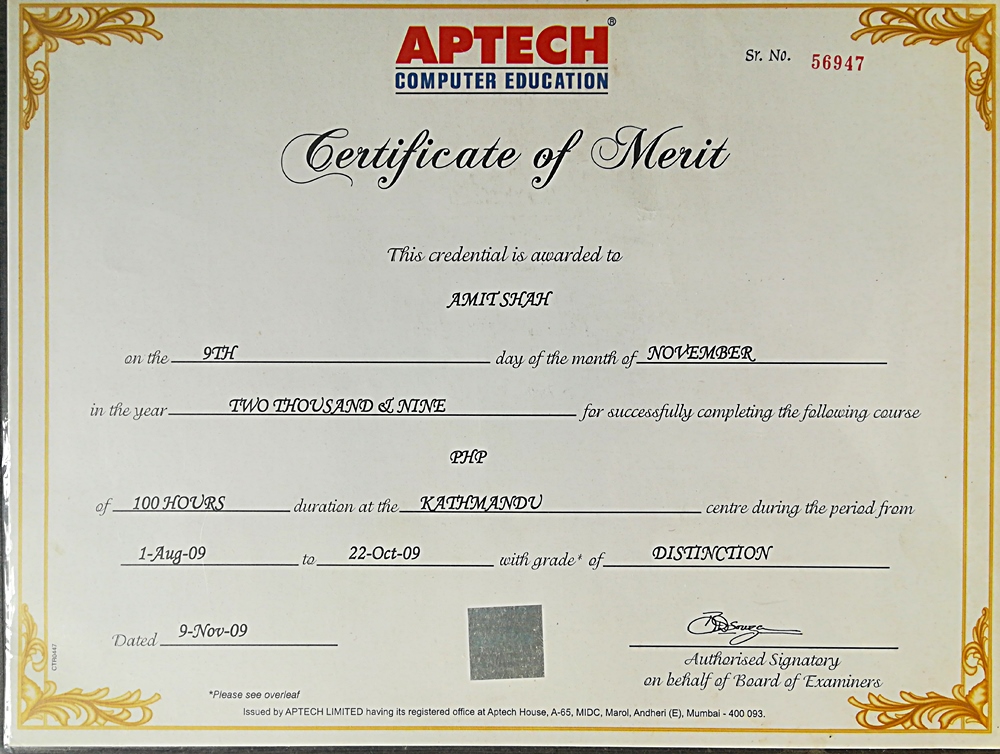 Certificate of Merit (PHP course) from APTECH computer Education - Amit Shah