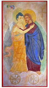 The Buddha meets Christ in embrace