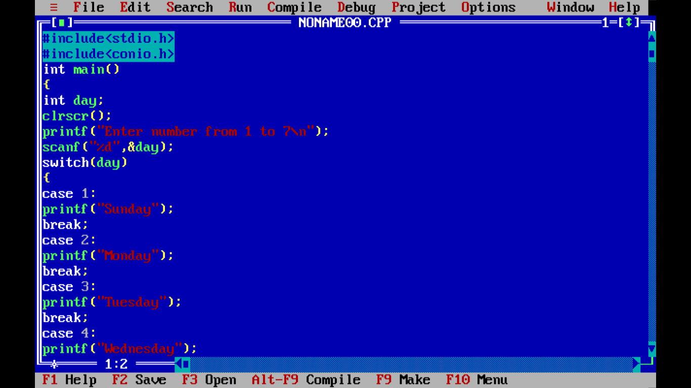 Program to print name of a day using switch case statement. ~ Bit ...