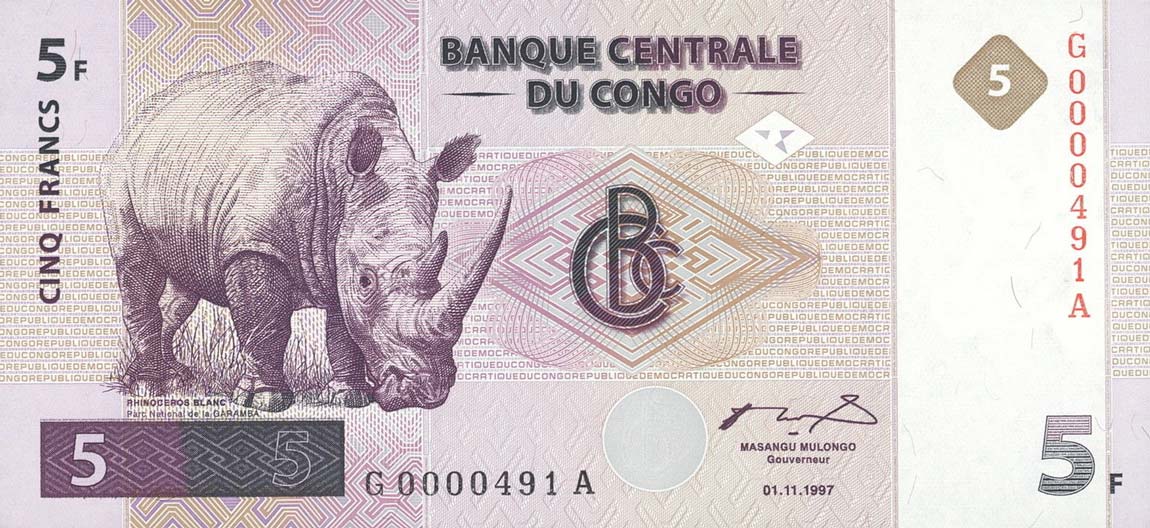 Congo Democratic Republic 5 Congolese francs banknote 1997|World ...