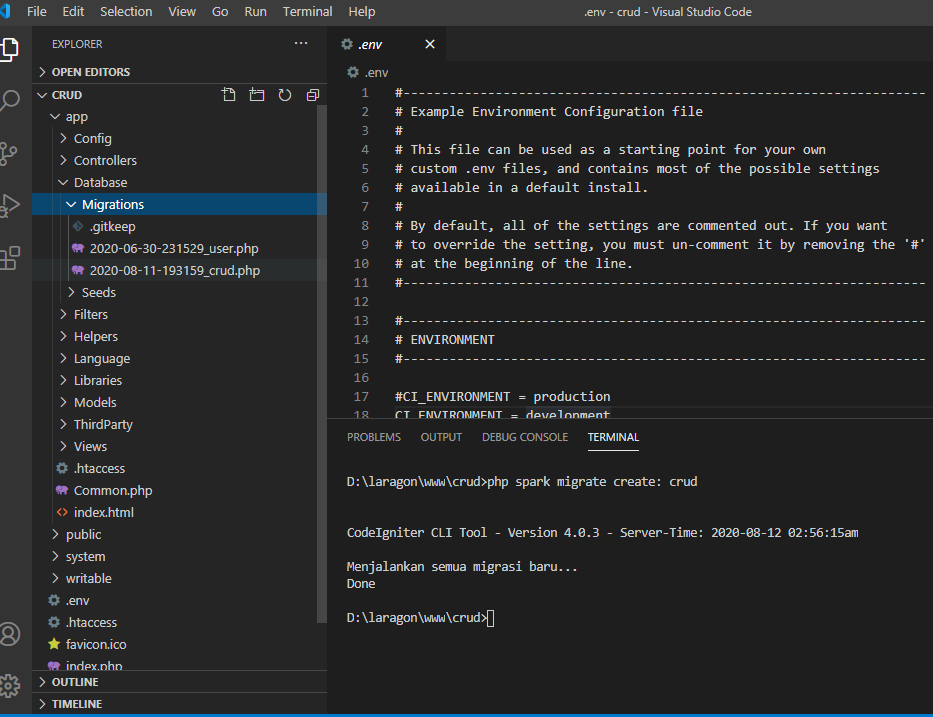 cara membuat databse migrate dengan codeIgniter 4 dengan php spark