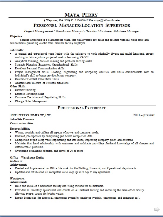 Personnel Manager Sample Resume Format in Word Free Download