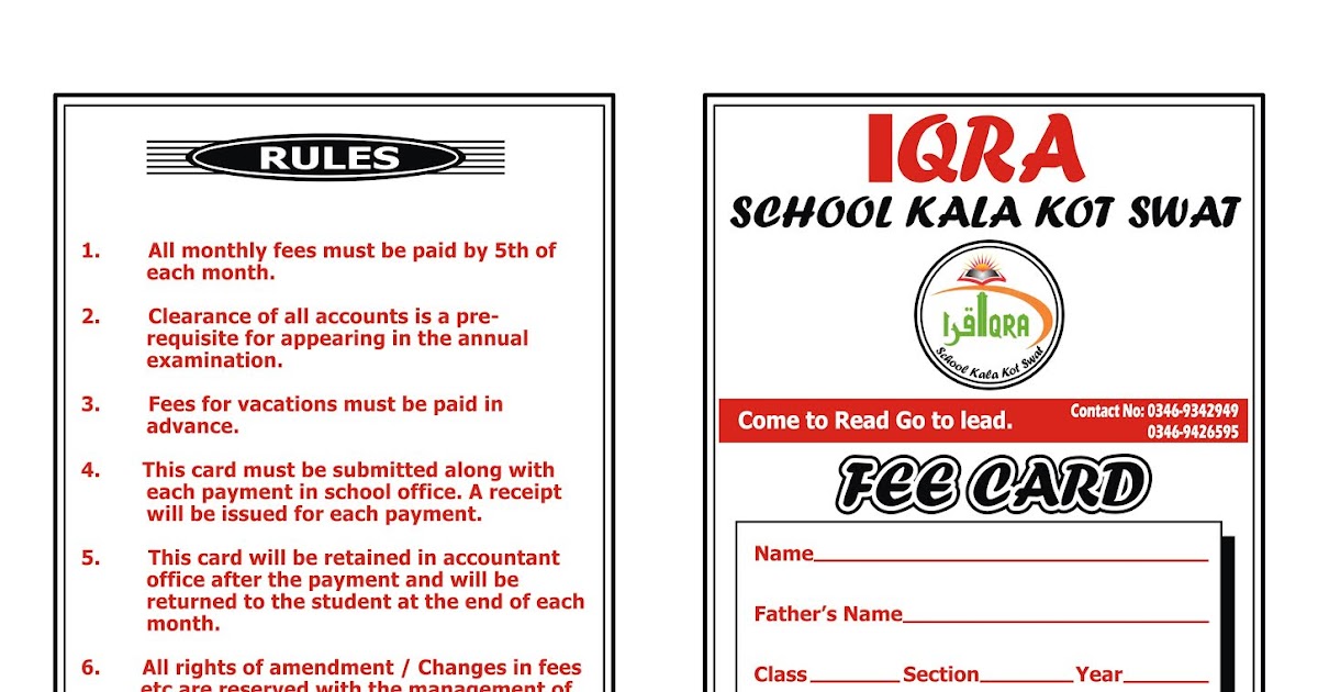 School Simple Fee Card Design....