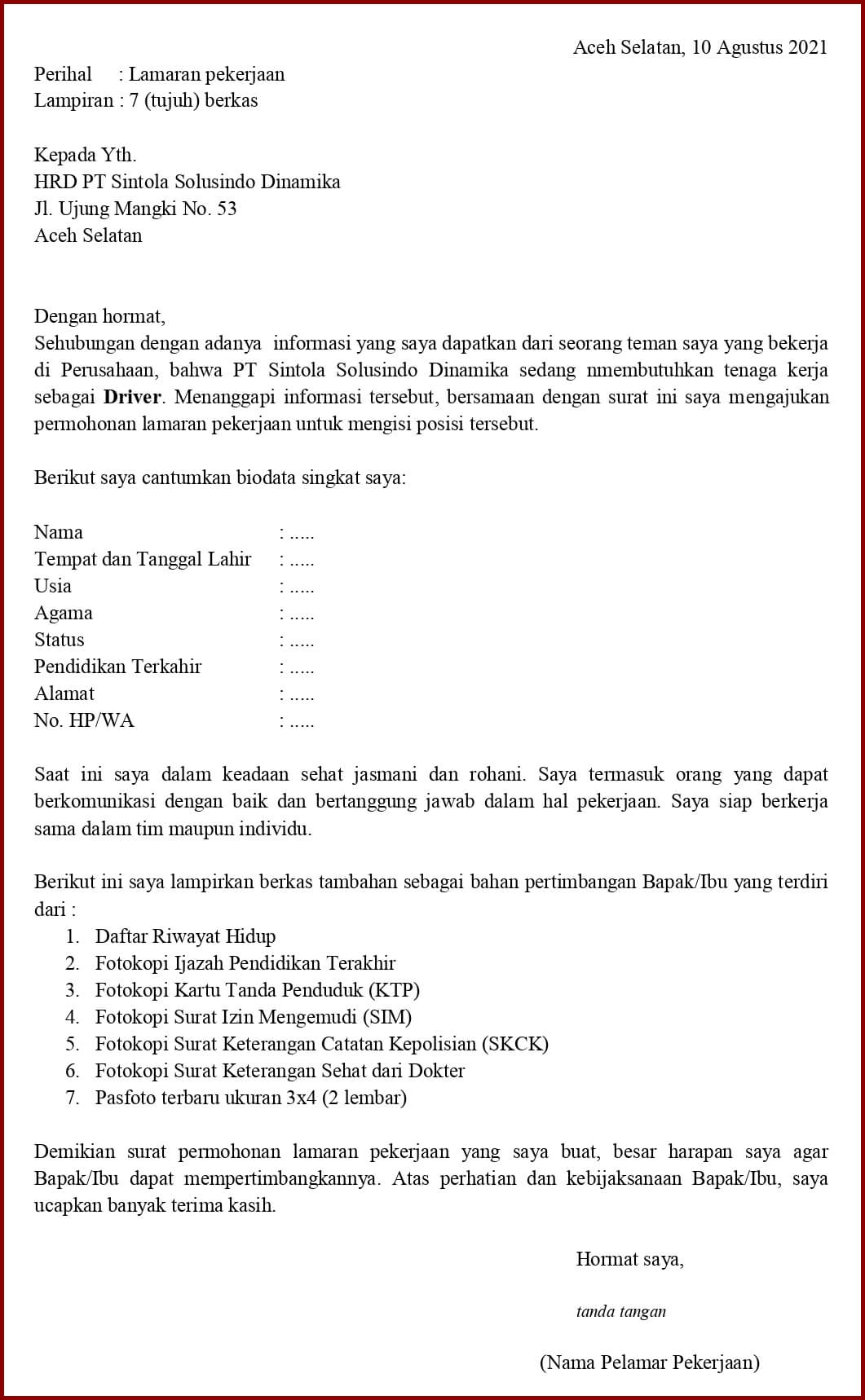 Contoh Surat Lamaran Kerja Untuk Driver Pengiriman/Delivery/Expedisi ...