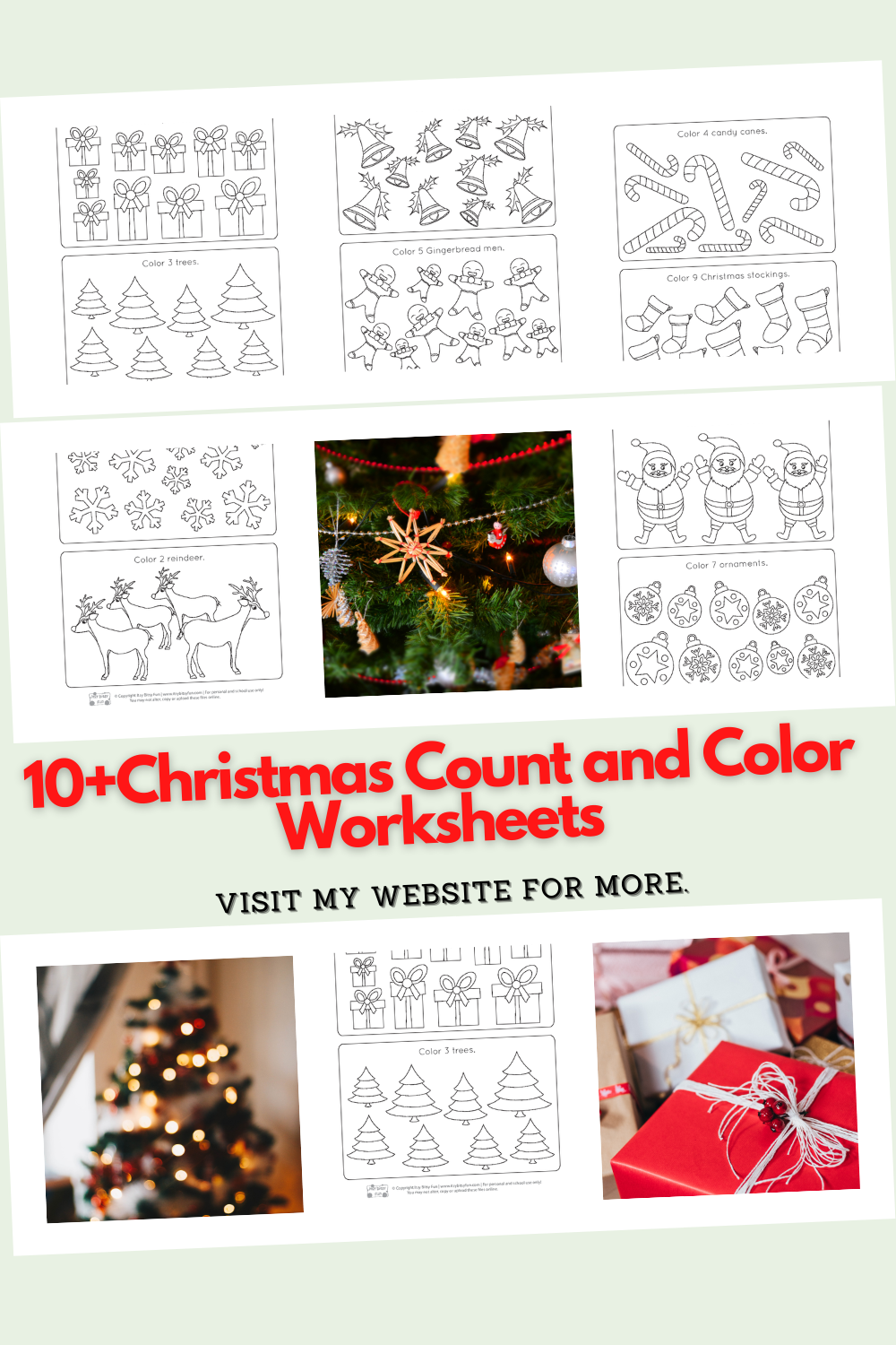 Christmas Count and Color Worksheets for Kids and PDF