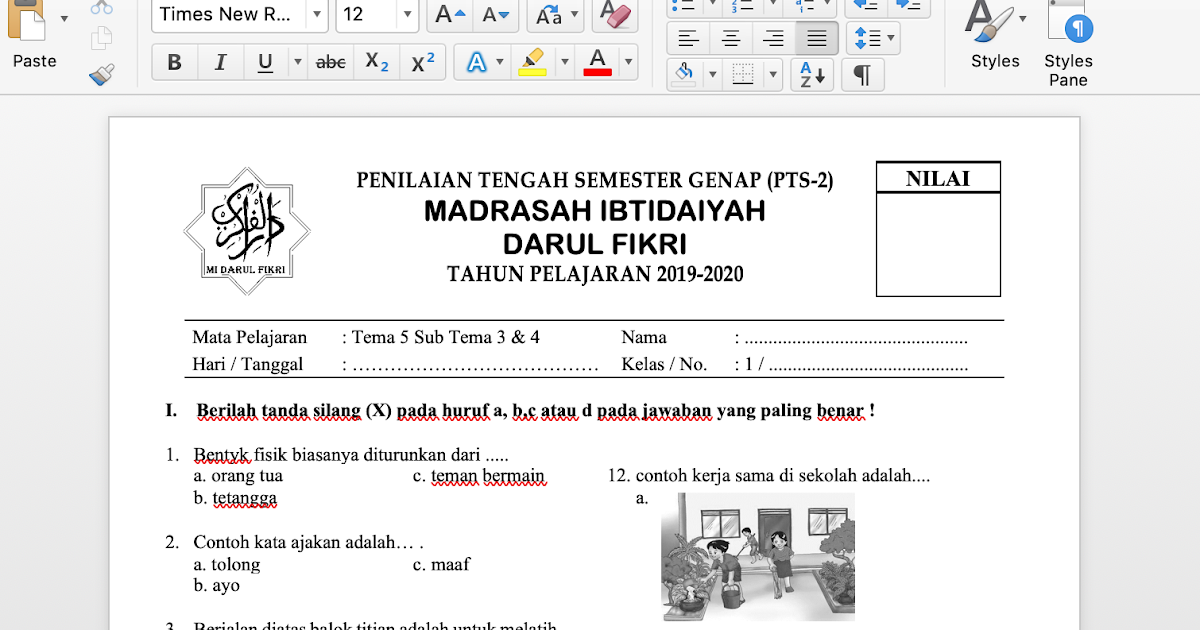 Contoh Soal UTS/PTS Kelas 1 Tema 5 Subtema 3 dan 4 - Esai Blog