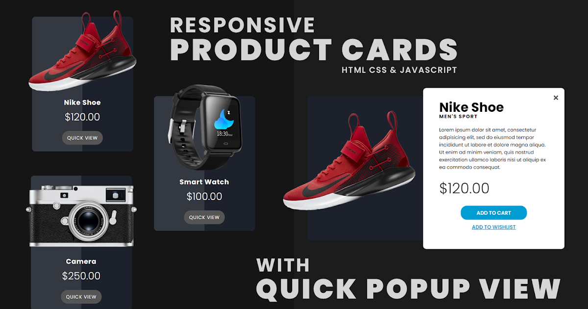 Responsive Product Cards With Quick Popup View Using Html Css And Javascript Coding Snow
