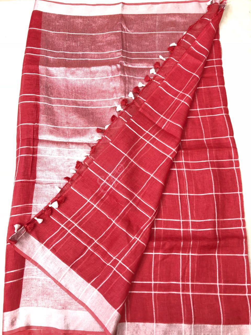 Pure Lenin Cotton Sarees With Checks Design