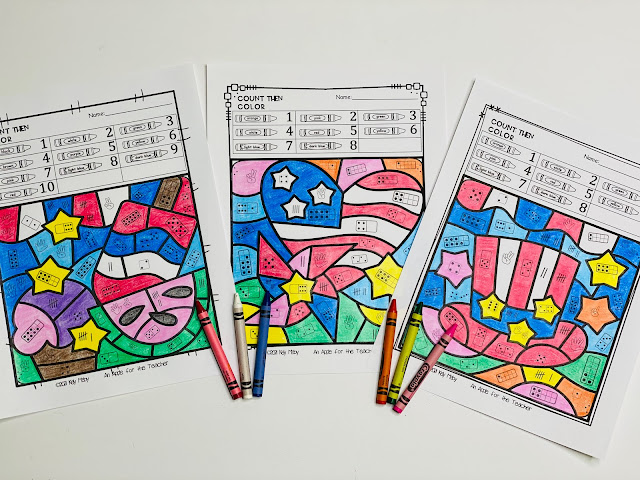 An Apple For The Teacher: 4th of July Subitizing Color By Number Worksheets