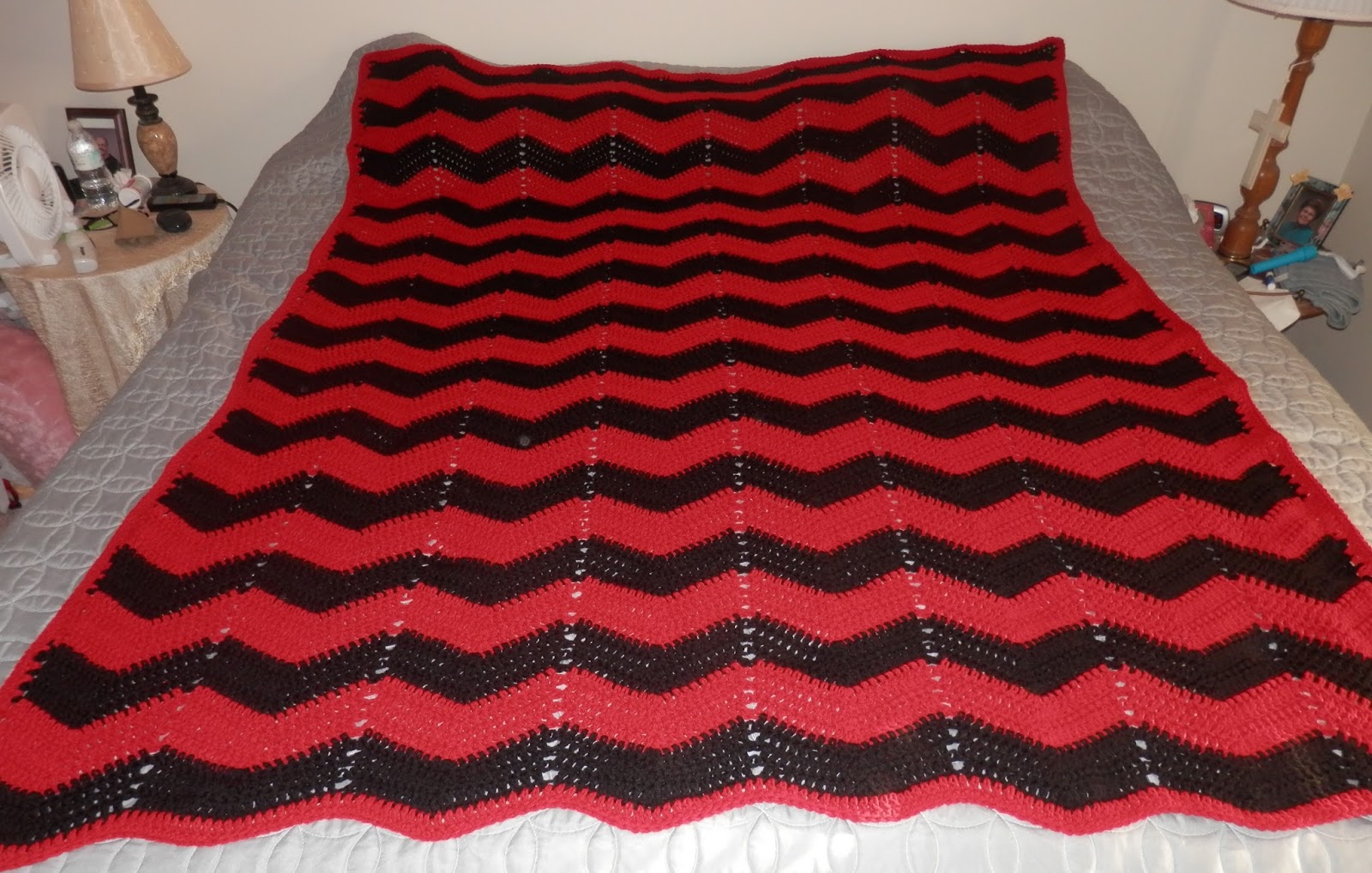 Karens Crocheted Garden of Colors: Red and Black Queen Size Afghan