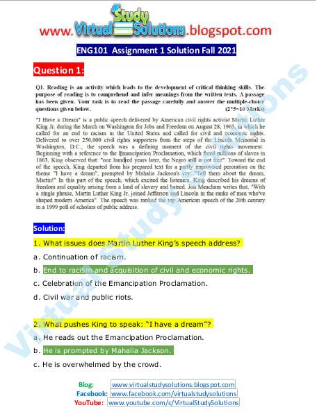 ENG101 Assignment 1 Solution 2021 | Fall 2021 | Virtual Study Solutions