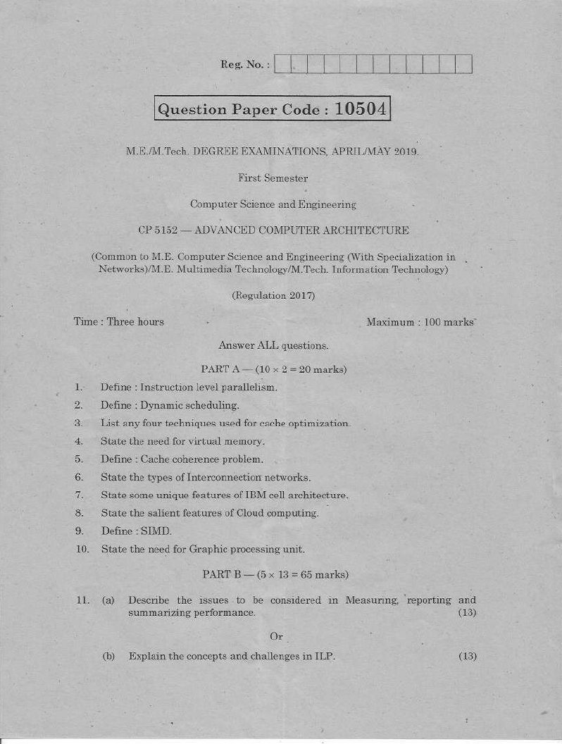 Anna University CP 5152-ADVANCED COMPUTER ARCHITECTURE APRIL MAY 2019 Question Paper ...