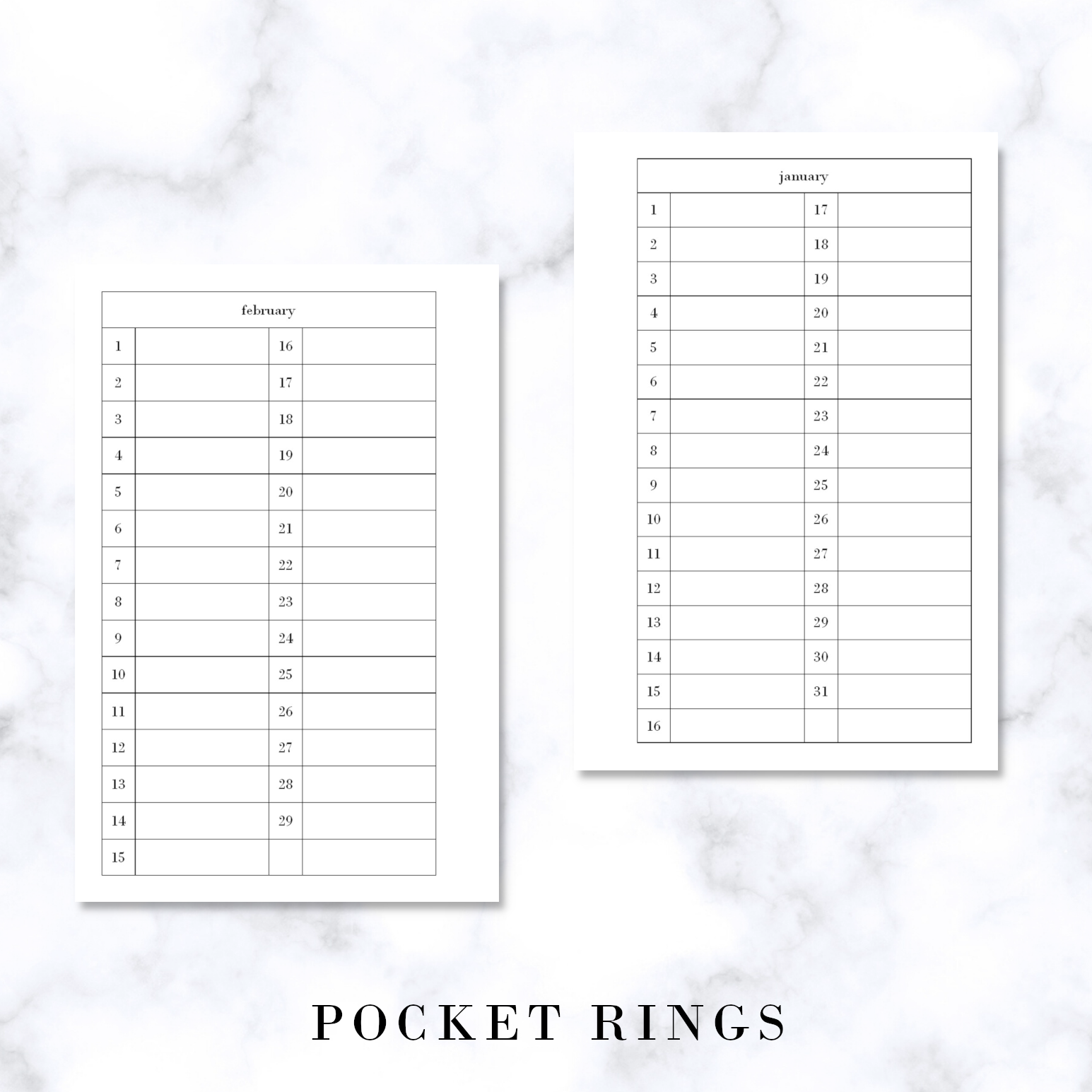 Pocket Rings: Month on 1 Page - List (2 Columns) - Planner Printables
