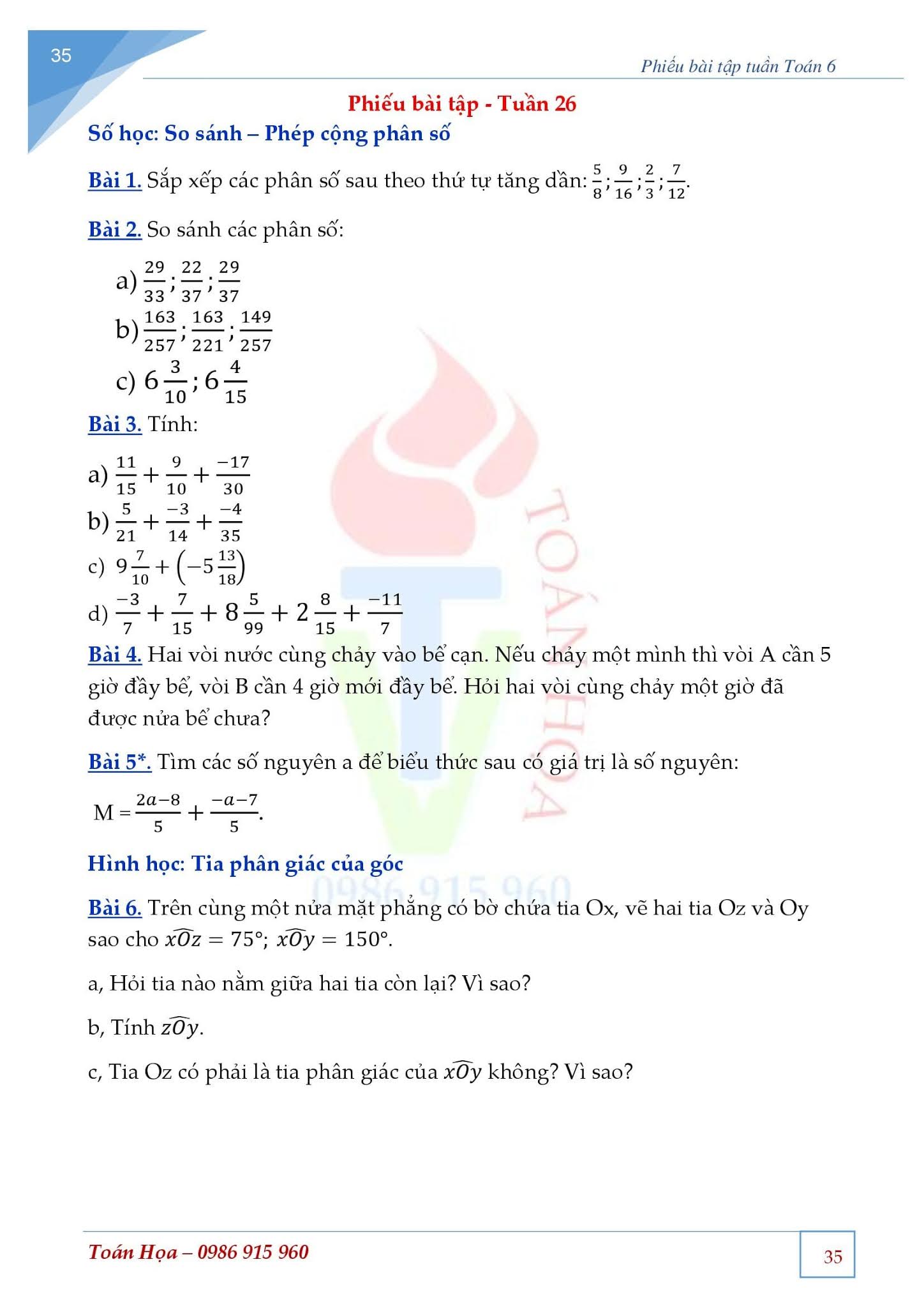 Phiếu bài tập Toán 6 tuần 26 - Phiếu bài tập toán 6 - Toán Họa