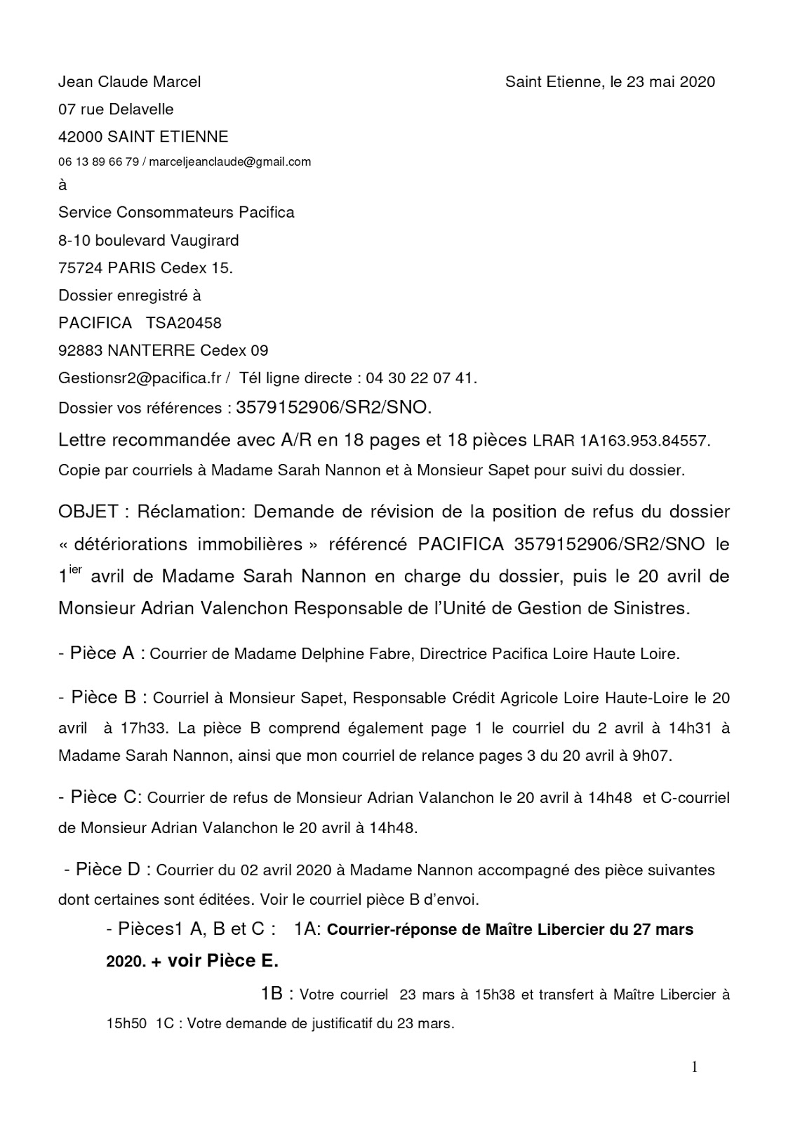 1ier LRAR envoyé au Service Consommateurs PACIFICAPacifica