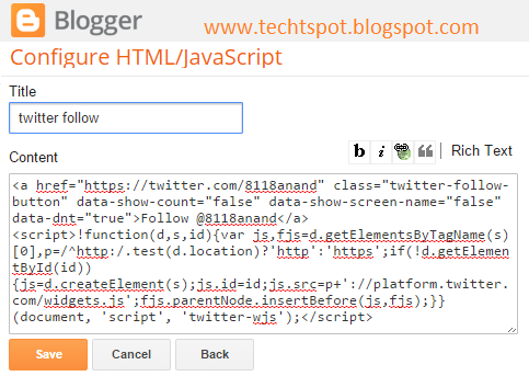 How to add Twitter Follow Button on Blogger with Pictures