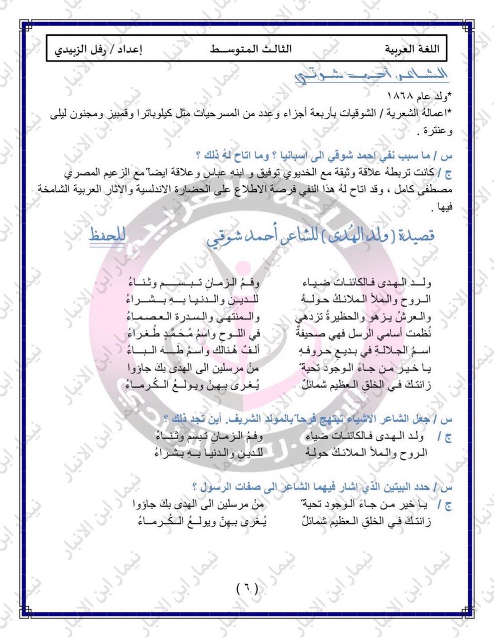 اوراق ملخص الوحدة الاولى عربي ثالث متوسط 2021 قواعد وادب اعداد الست رفل