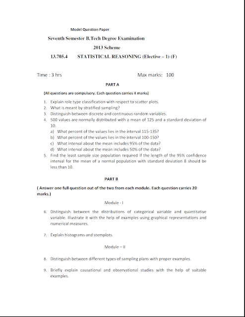 Kerala University B.Tech Statistical Reasoning 2016 Question Paper ...