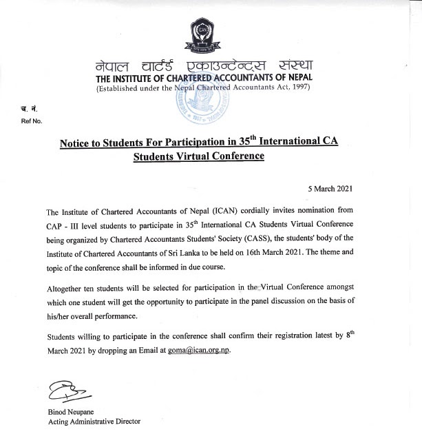 Notice to Students For Participation in 35th International CA Students ...