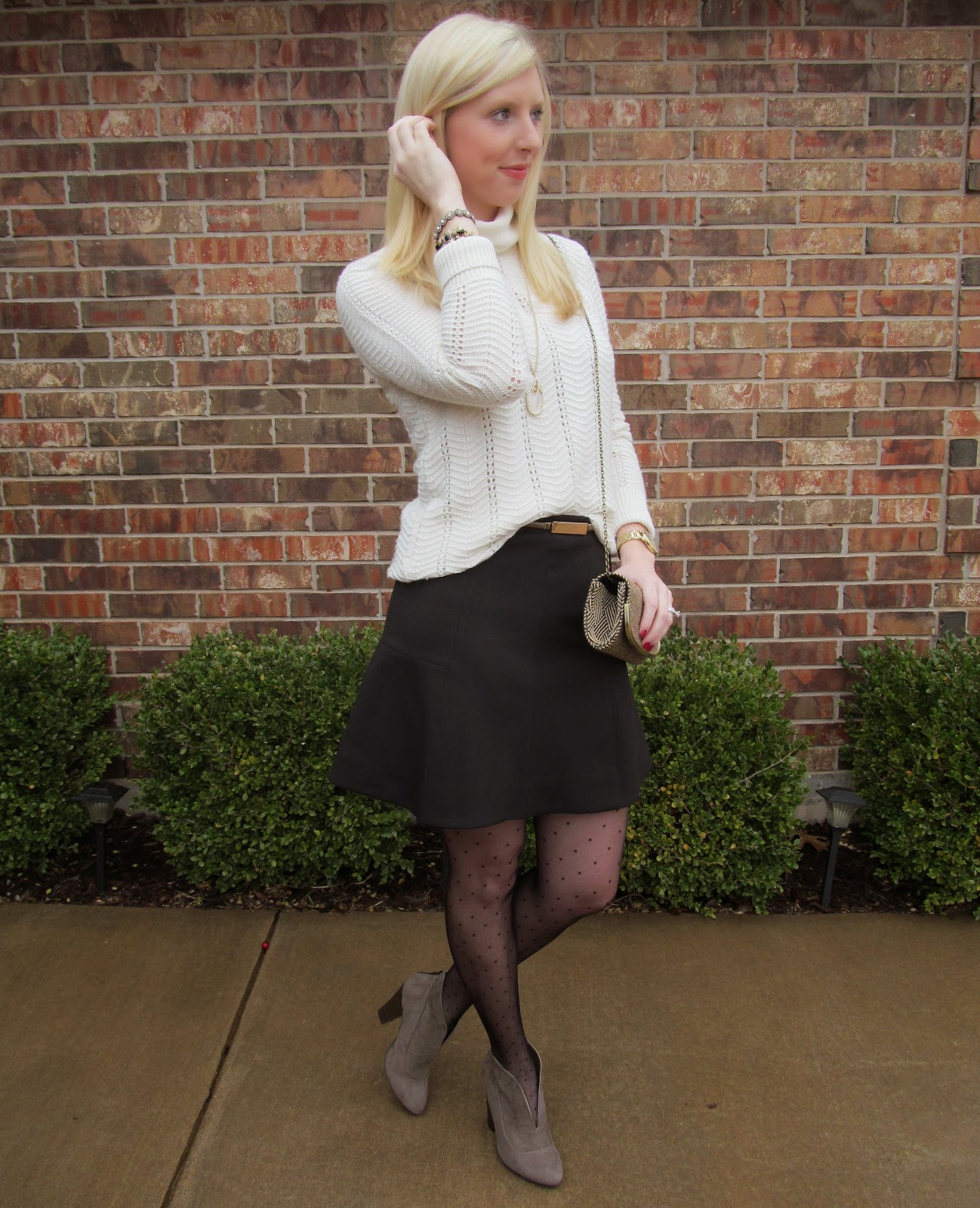 Black Flared Skirt & Polka Dot Tights | Styled Blonde