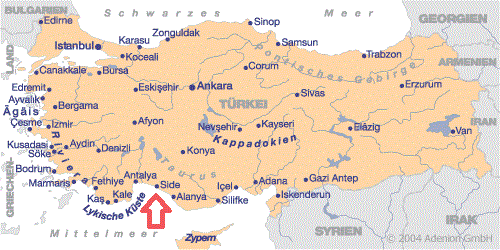 Die besten Strände: Karte der Türkei, die Lage in Side