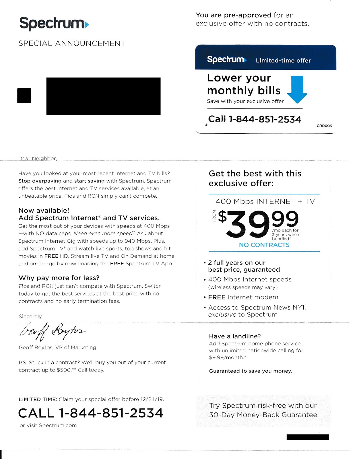 Mail That Fails: Spectrum Cable & Discover Bank: Know Thy Customer