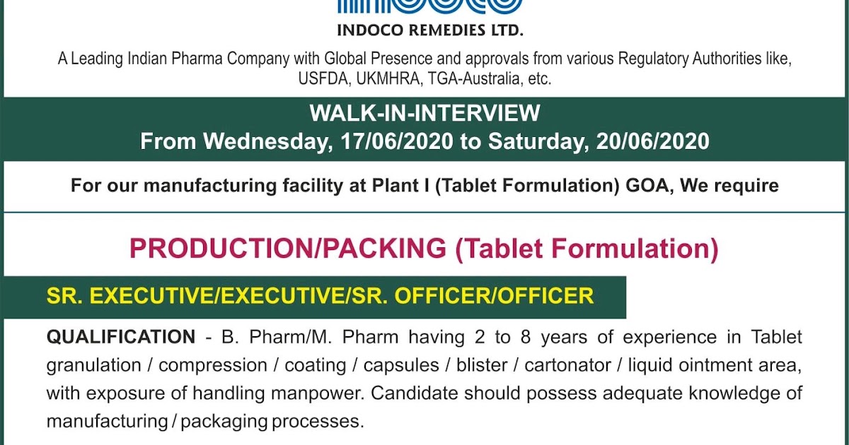 Indoco remedies | Walk-in for Production/Packing at 17-20 June 2020 at Goa